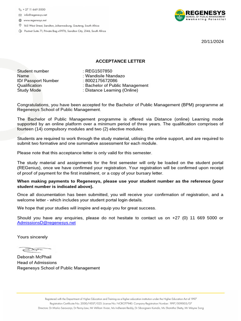 Regenesys Acceptance Letter for BPM Program | PDF