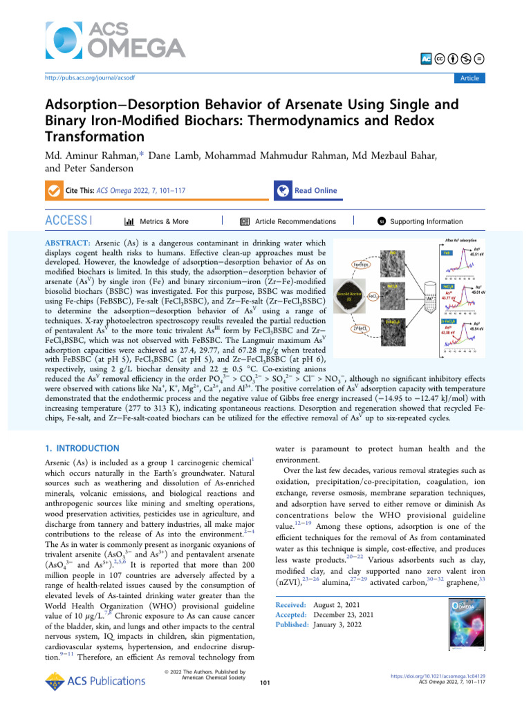 Rahman Et Al 2022 Adsorption Desorption Behavior of Arsenate Using Single and Binary Iron ...
