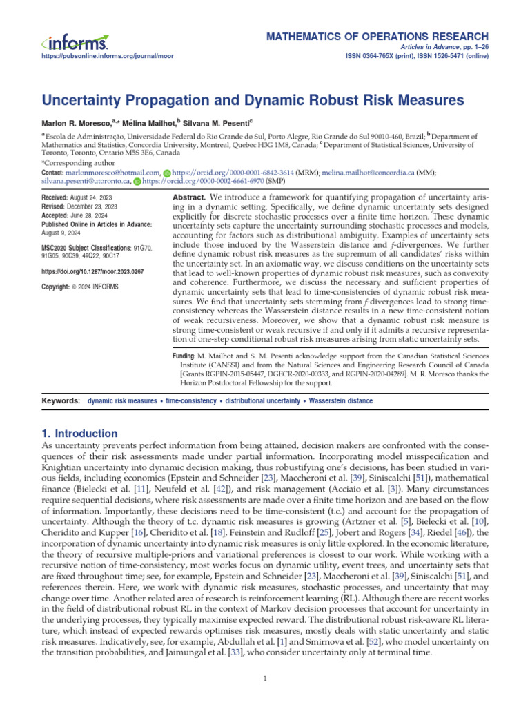 Moresco Et Al 2024 Uncertainty Propagation and Dynamic Robust Risk Measures | PDF | Uncertainty ...