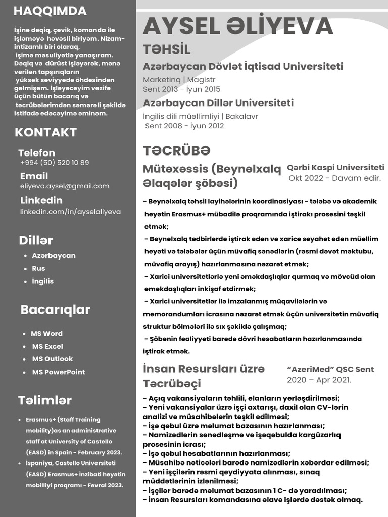 Aysel Əliyeva (AZE CV) 1 | PDF