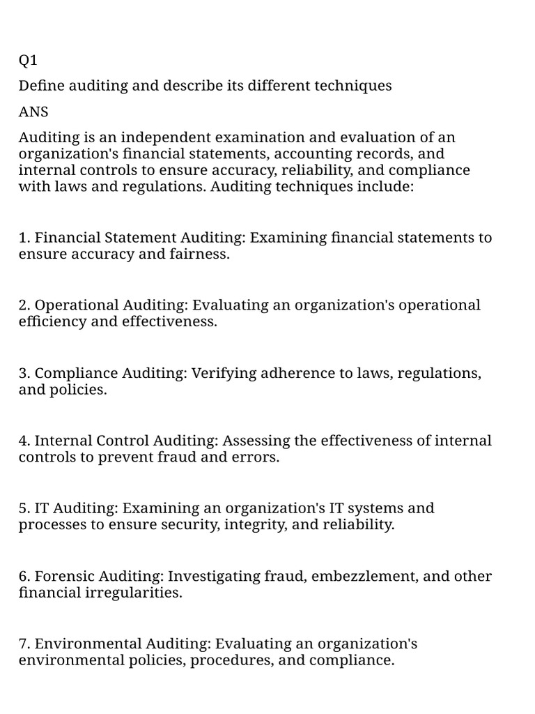 Auditing Techniques and Accounting Basics | PDF | Auditor's Report | Audit