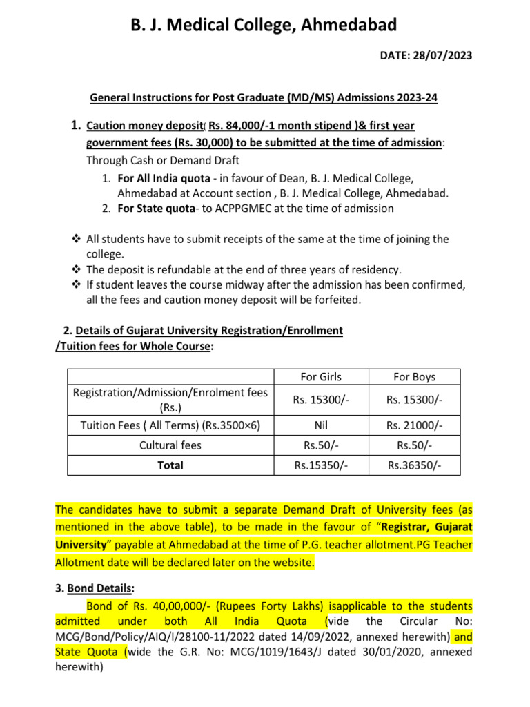 General Instructions For Post Graduate (MDMS) Admissions 2023-24 | PDF | Medicine | Health Care