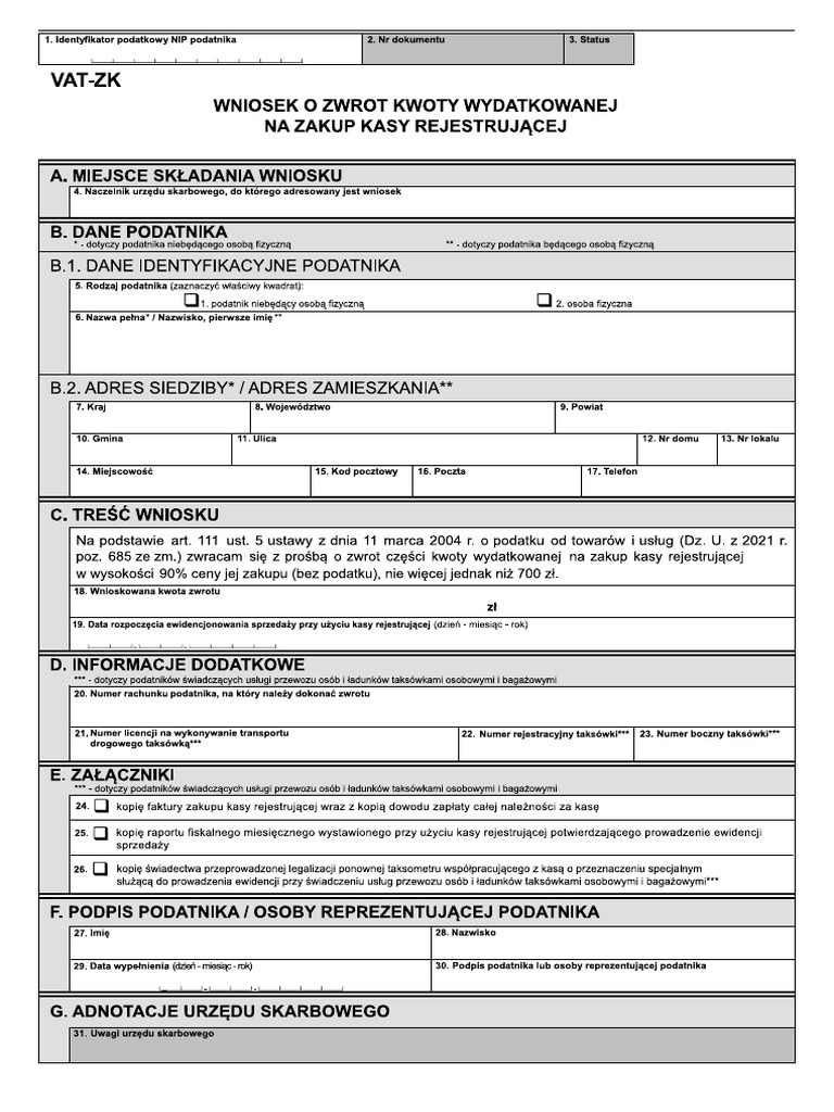 Vat ZK Wniosek o Zwrot Kwoty Wydatkowanej Na Zakup Kasy Rejes | PDF