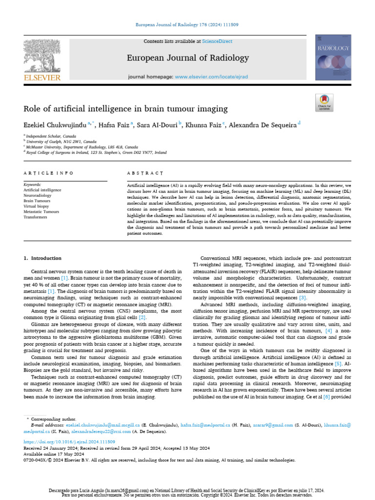 European Journal of Radiology: Ezekiel Chukwujindu, Hafsa Faiz, Sara AI ...