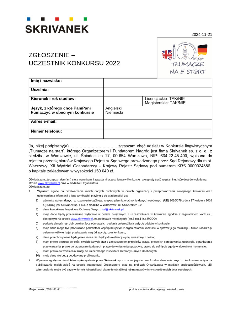 Zgloszenie Konkurs 2022 Student - Rodo | PDF