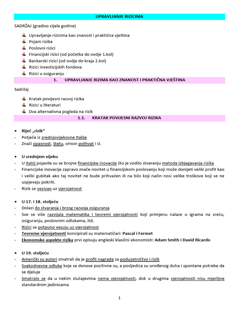 UPRAVLJANJE RIZICIMA - 1. Kolokvij Skripta | PDF