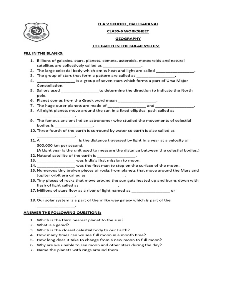 PT1 SST WS1 Class6 | PDF | Solar System | Stars