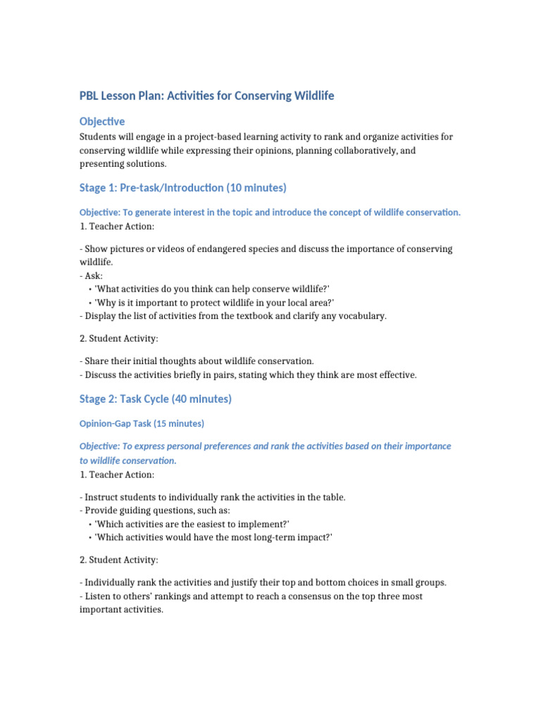 PBL Lesson Plan Conserving Wildlife | PDF | Project Based Learning ...