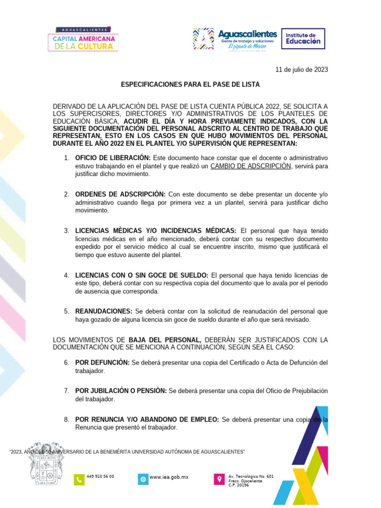 I. Especificaciones para El Pase de Lista | PDF