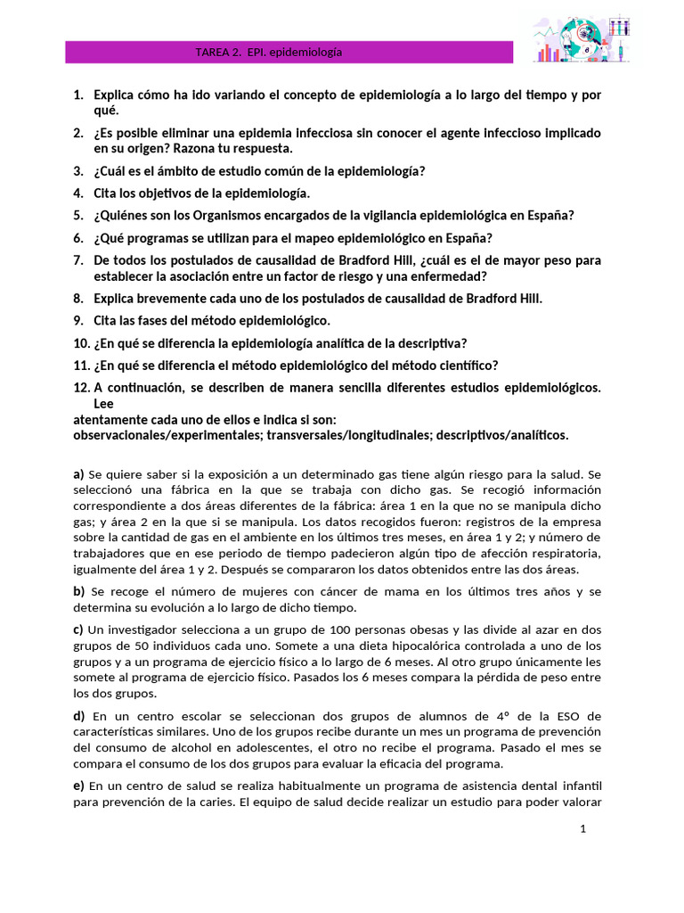 Tarea 2. EPI. EpidemiologÃ A | PDF | Epidemiología | Pérdida de peso