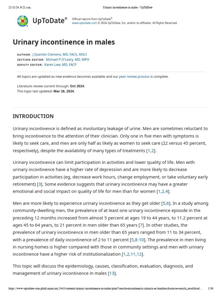 Urinary Incontinence in Males - UpToDate | PDF | Urinary Incontinence | Urinary Tract Infection