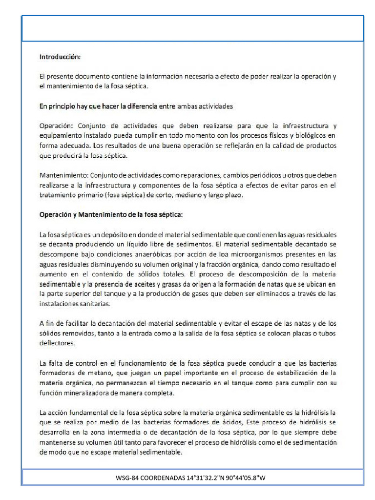Manual de Mantenimiento y Operacion de Fosa Septica, Memoria ...
