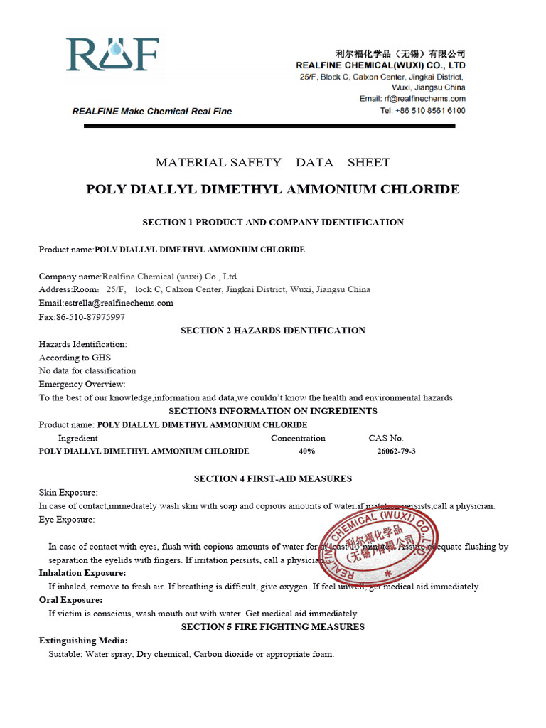 Poly Diallyl Dimethyl Ammonium Chloride MSDS | PDF | Personal ...