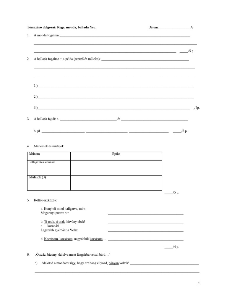 Dolgozat - Rege Monda Ballada - A | PDF