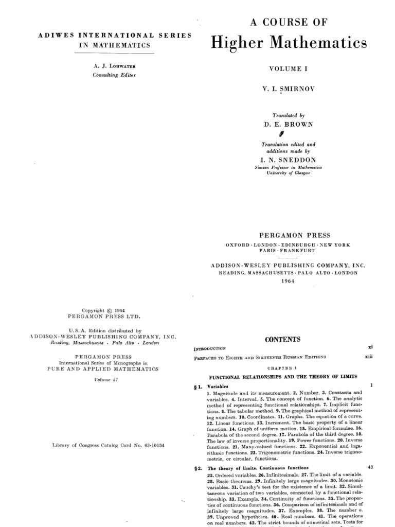 A Course of Higher Mathematics-Smirnov-Vol1 | PDF