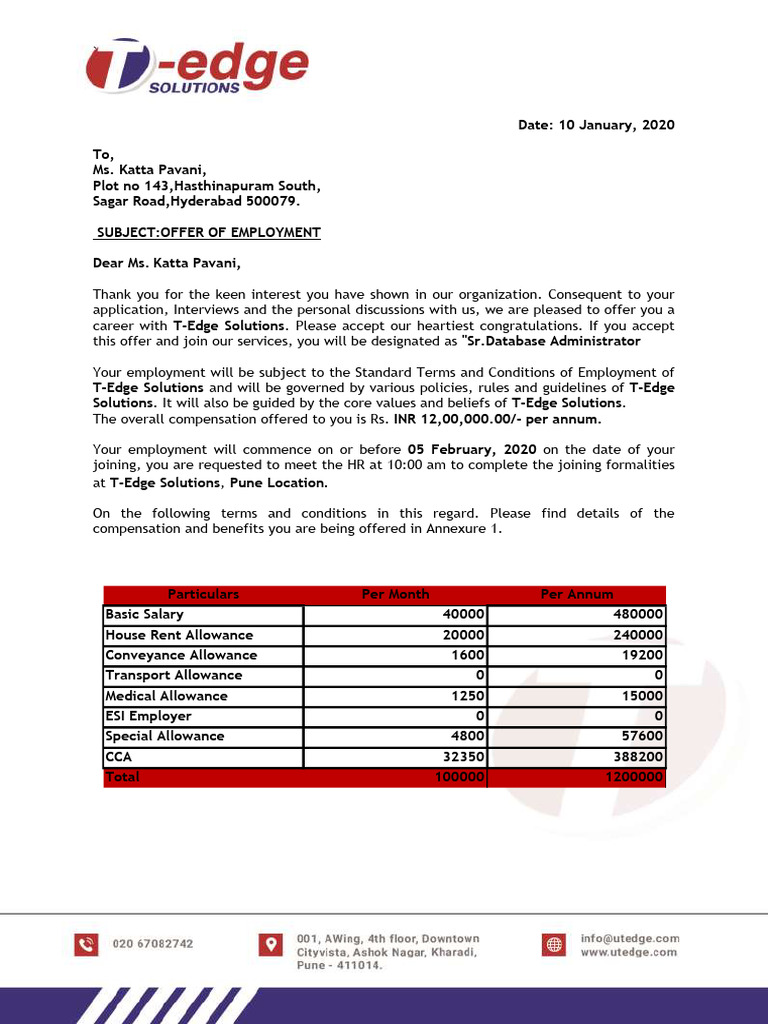 Offer Letter | PDF | Employment | Verification And Validation