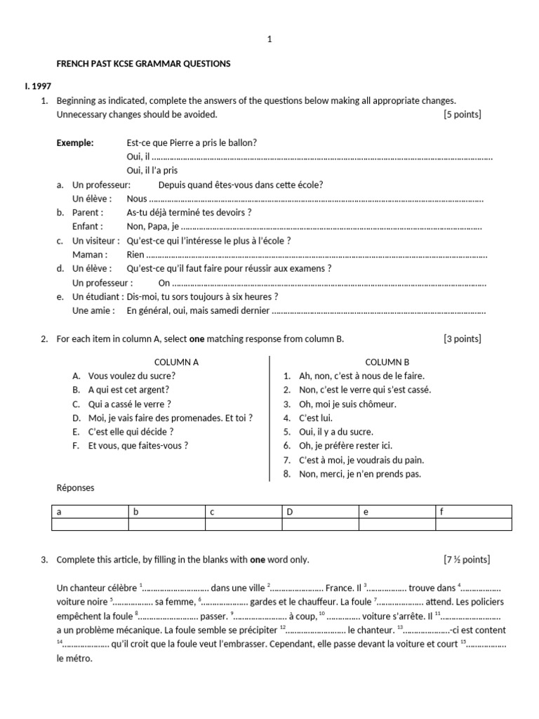 Questions de grammaire KCSE en français | PDF