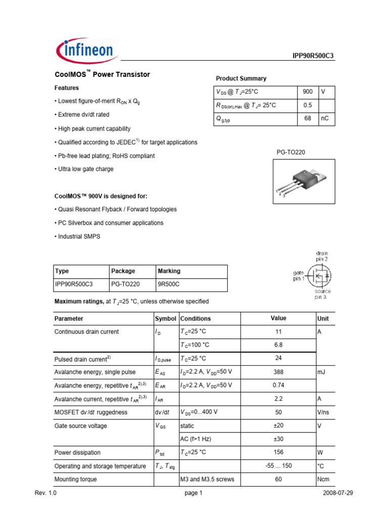 Ipp90r500c3 Semiconductor 900V | PDF | Diode | Field Effect Transistor