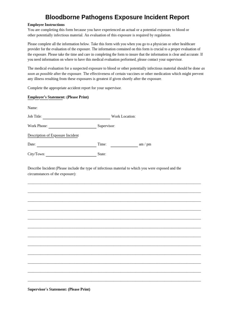 Bloodborne Pathogens Exposure Incident Report Form | PDF | Infection ...