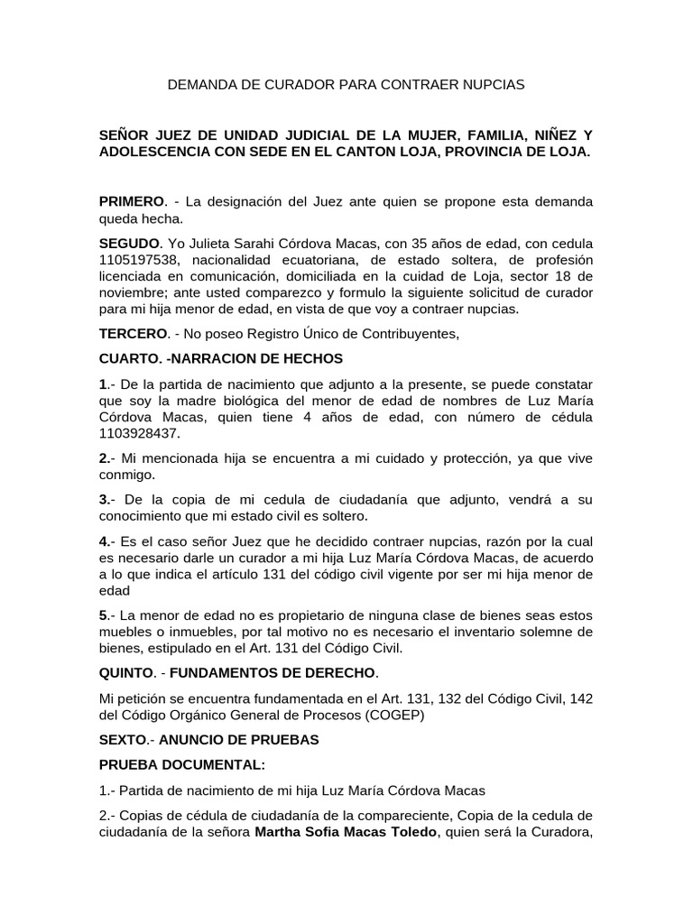 Demanda de Curador para Contraer Nupcias | PDF | Justicia | Crimen y ... Demanda de Curador para Contraer Nupcias | PDF | Justicia | Crimen y ...