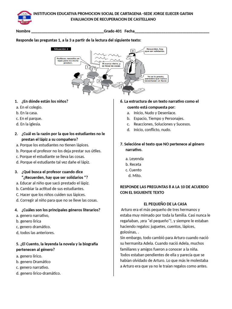 Evaluacion de Re4cuperacion Grado Cuarto | PDF