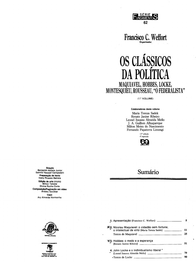 Weffort Polc3adtica I Os Clc3a1ssicos Da Polc3adtica Vol 1 Maquiavel ...