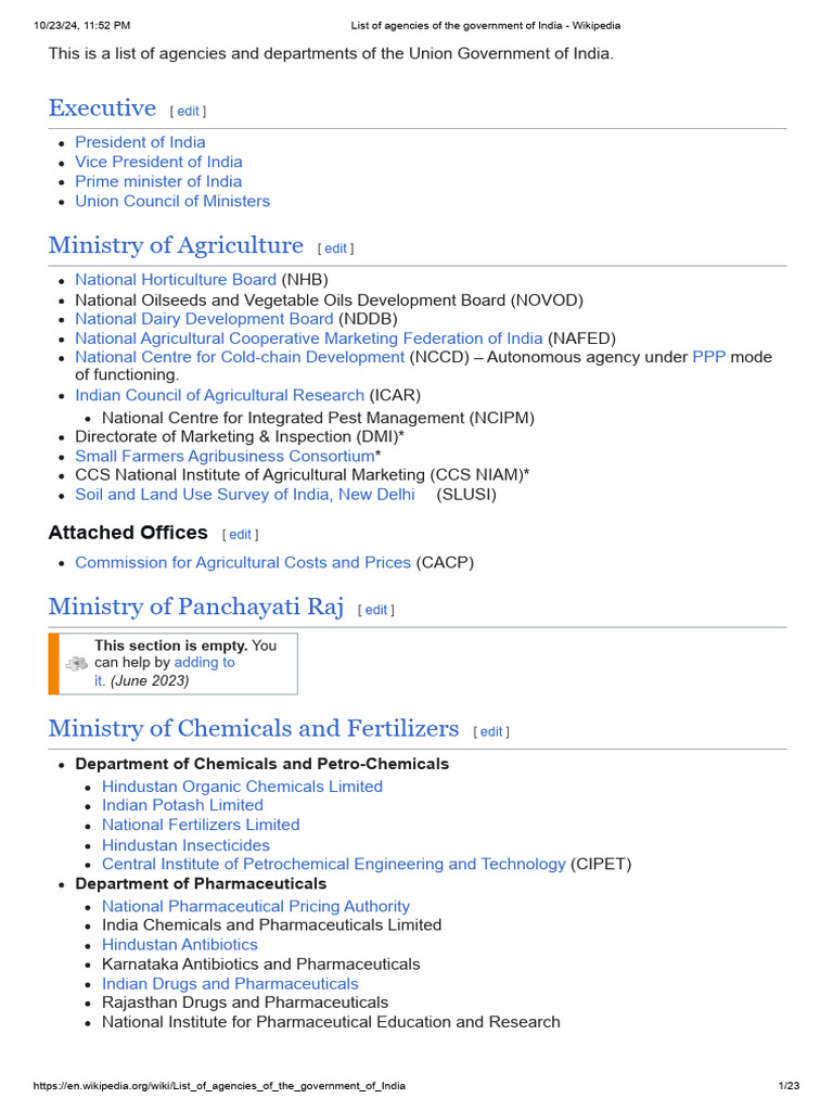 List of Indian Government Agencies | PDF | Government Of India