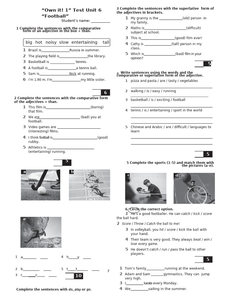 Own It! 1 Unit 6 Test: Football | PDF | Adjective | Linguistics