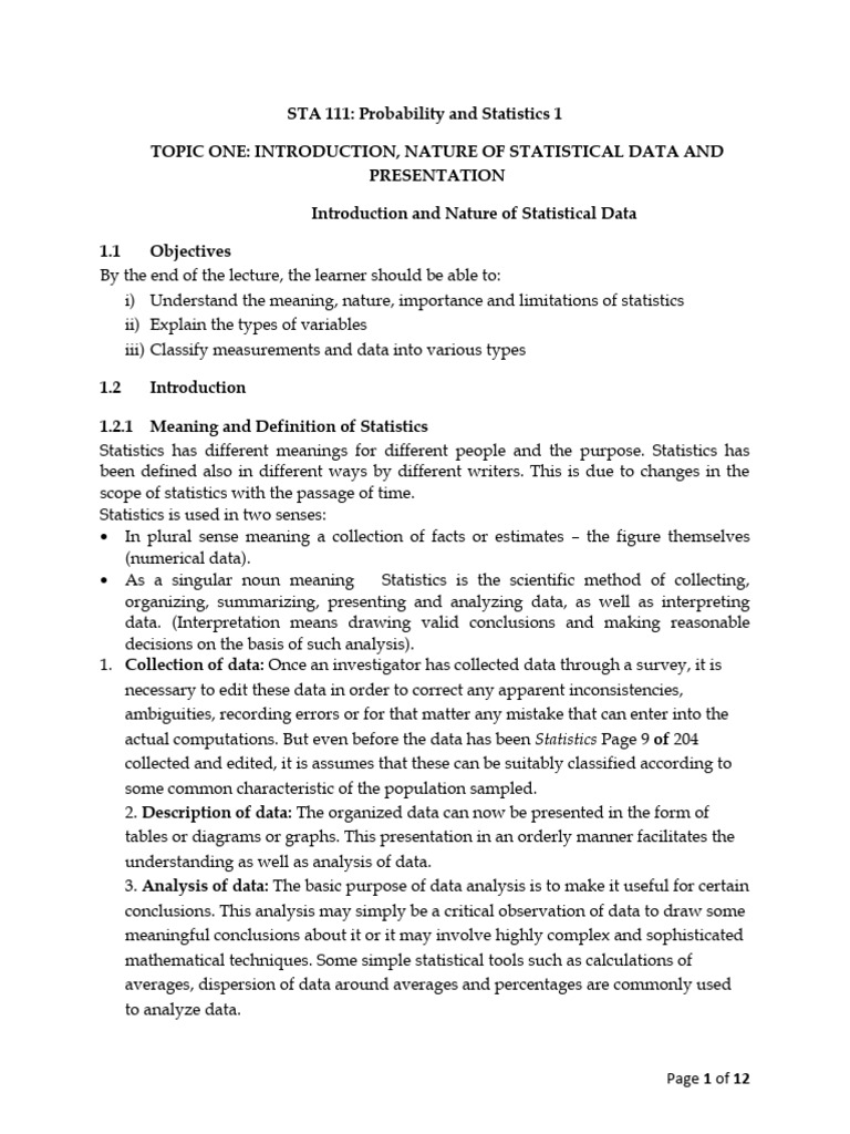 STA 111 - Topic One - Lecture 1 | PDF | Statistics | Level Of Measurement