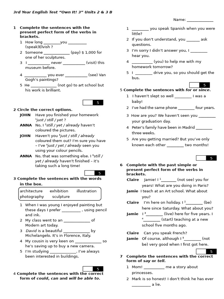 3rd Year English Test Units 2-3 B | PDF | Linguistics