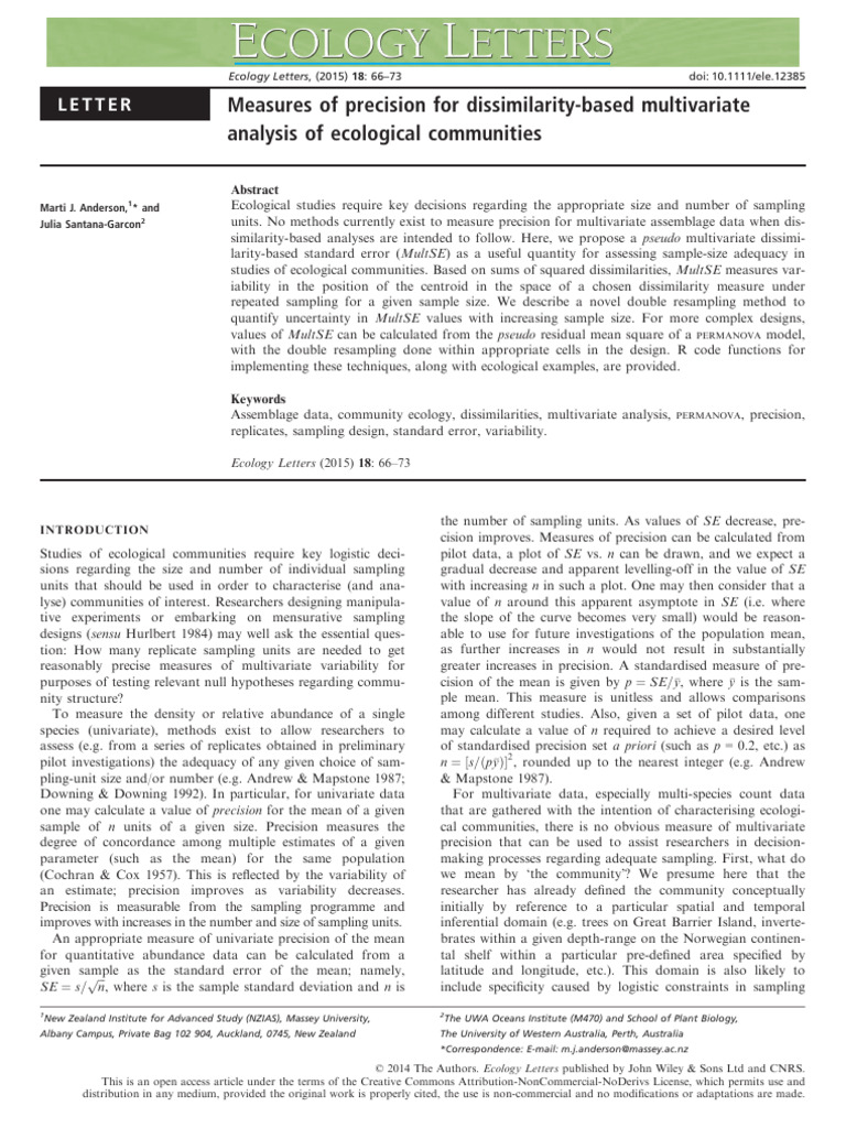 Ecology Letters - 2014 - Anderson - Measures of Precision For ...