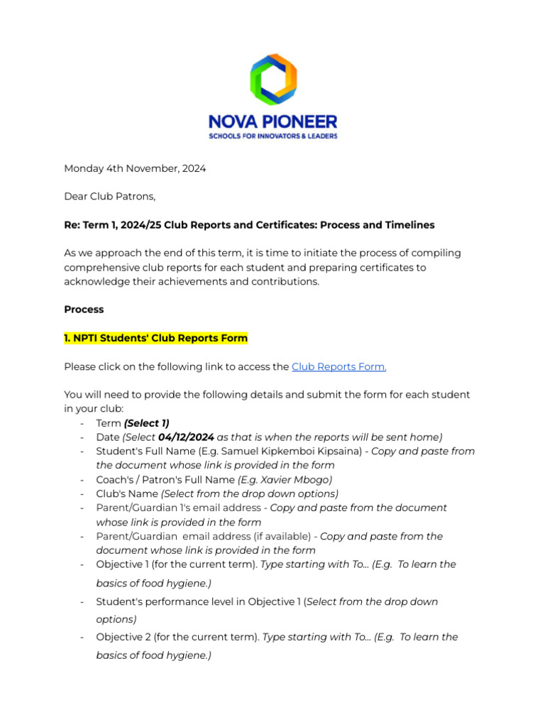 NPTI Club Patrons' Comm - Term 1 Club Reports - Process and Timelines ...
