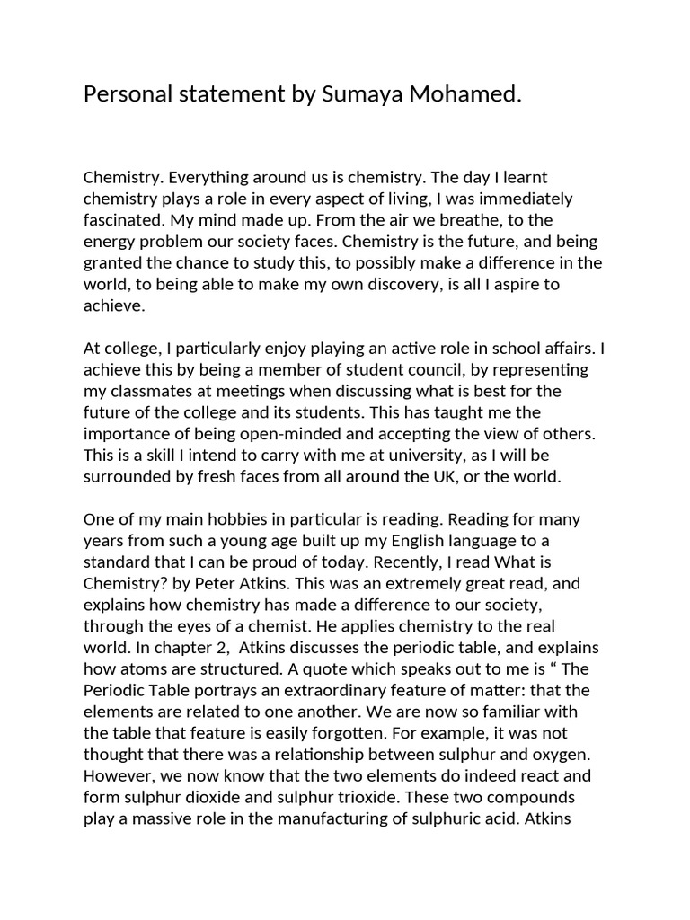 Personal Statement by Sumaya Mohamed | PDF | Perfume | Chemistry