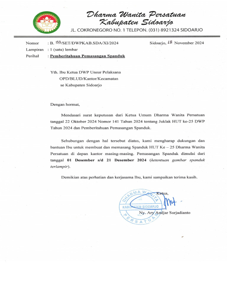 Surat Pemasangan Spanduk Hut DWP Ke 25 | PDF