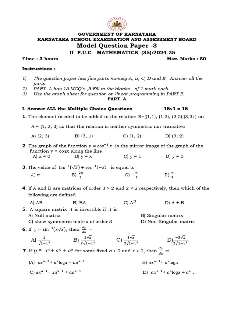 PCMB Model Question Paper With Blue Print 2024 2025 | PDF | Matrix ...