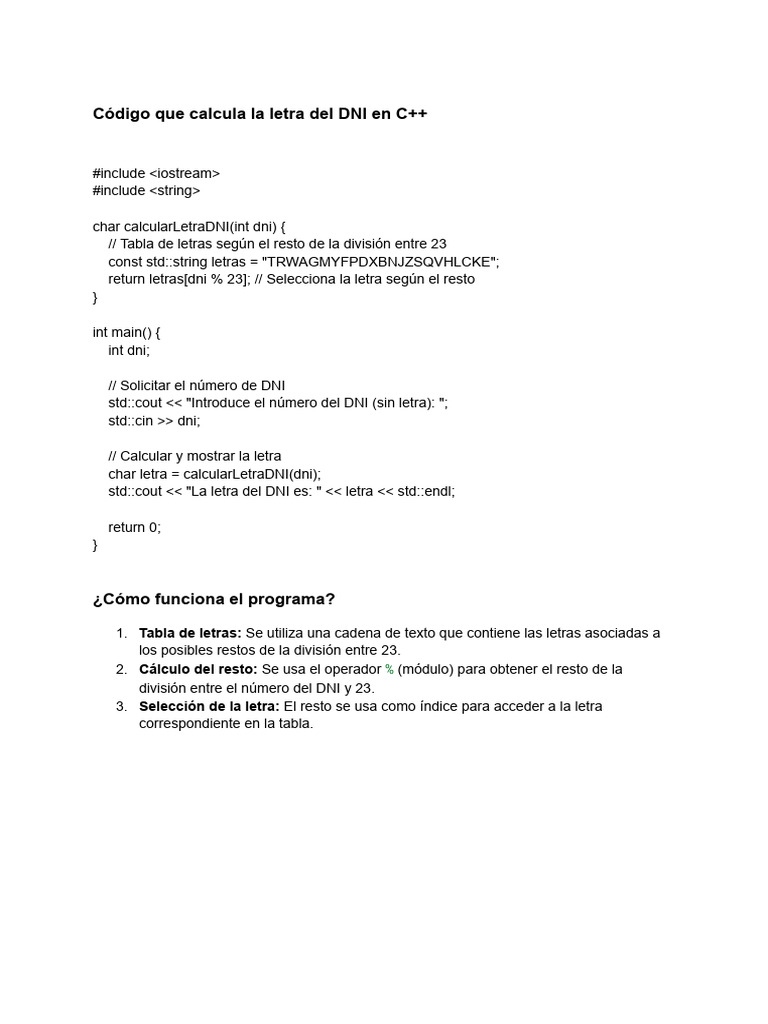 Código Que Calcula La Letra Del DNI en C++ | PDF