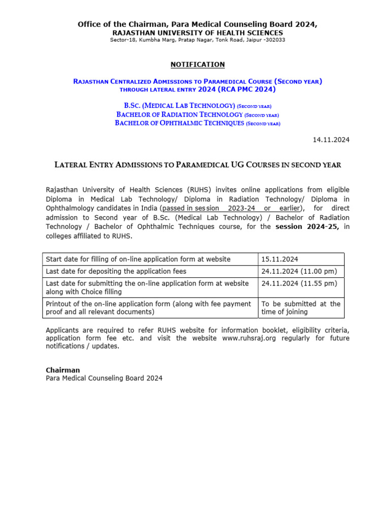 Notification Lateral Entry PMC 2024 14.11.2024 | PDF