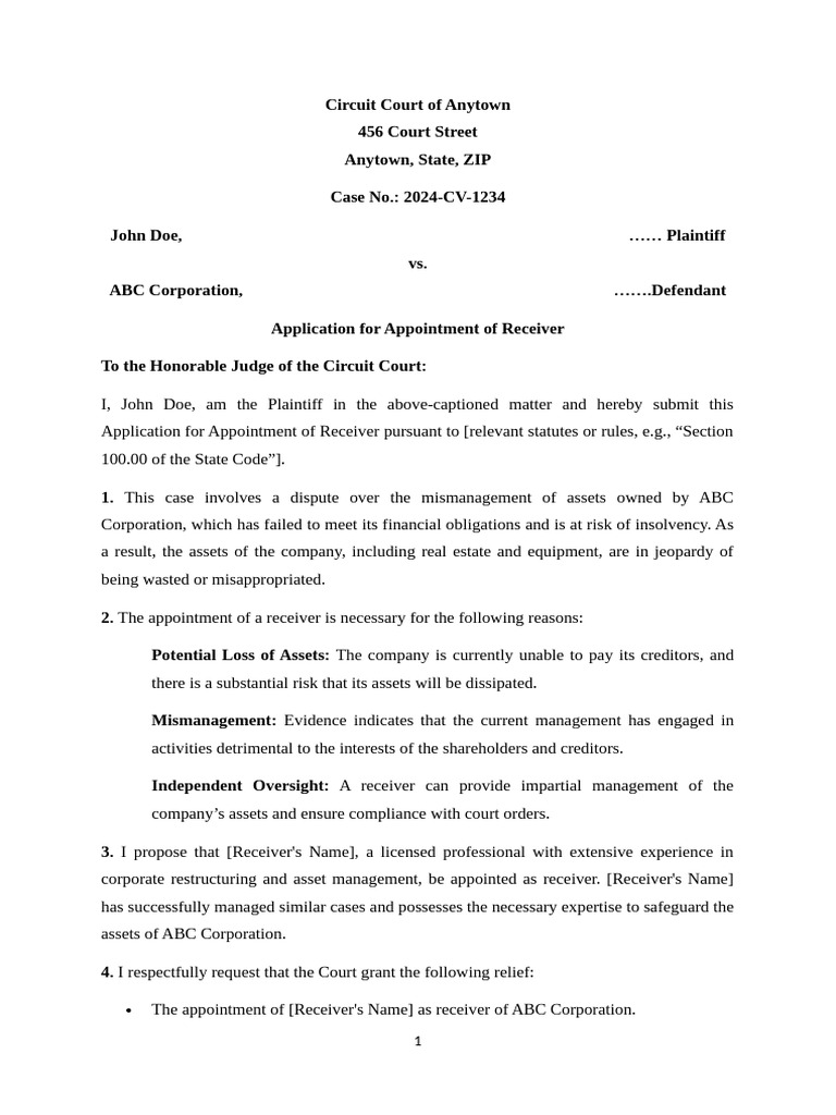Draft Application For Appointment of Receiver | PDF | Liquidation ...