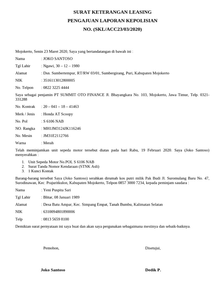 Surat Keterangan Leasing | PDF