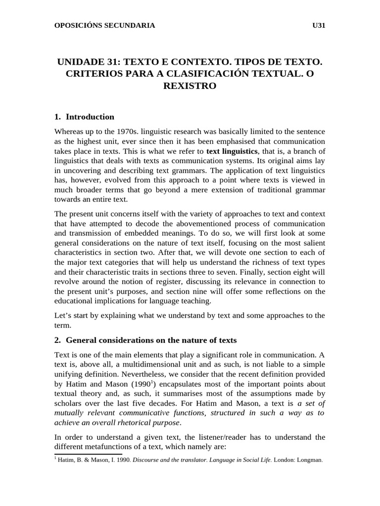 Unidade 31 - Texto e Contexto - Tipos de Texto - Criterios para A Clasificación Textual - o ...