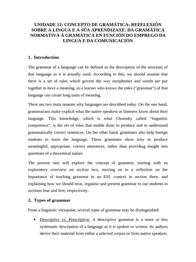 Unidade 12 - Concepto de Gramática - Refelexión Sobre A Lingua e A Súa ...