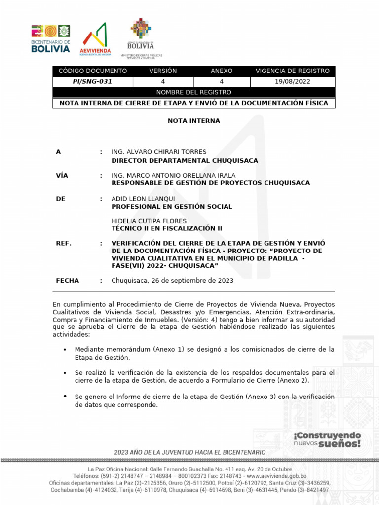 NotaGestion - AEV CHQ 0395 | PDF