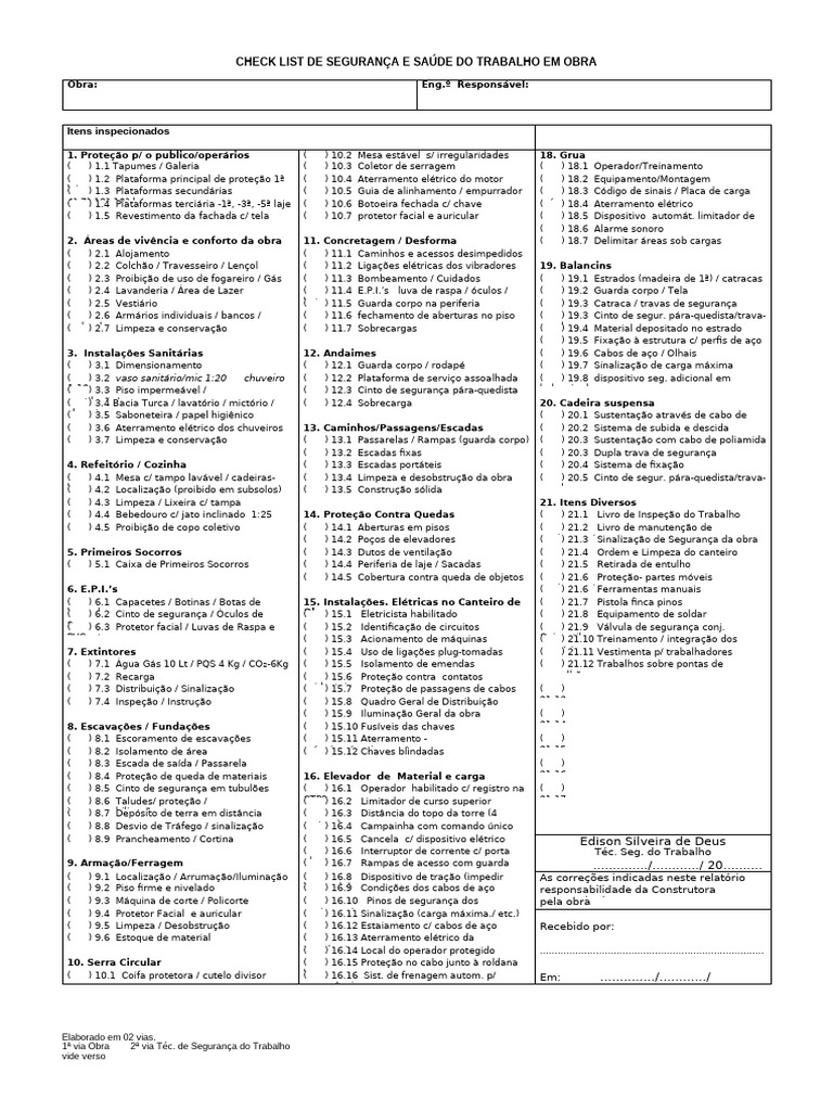 Check List de Segurança e Saúde Do Trabalho em Obra | PDF | Bens ...