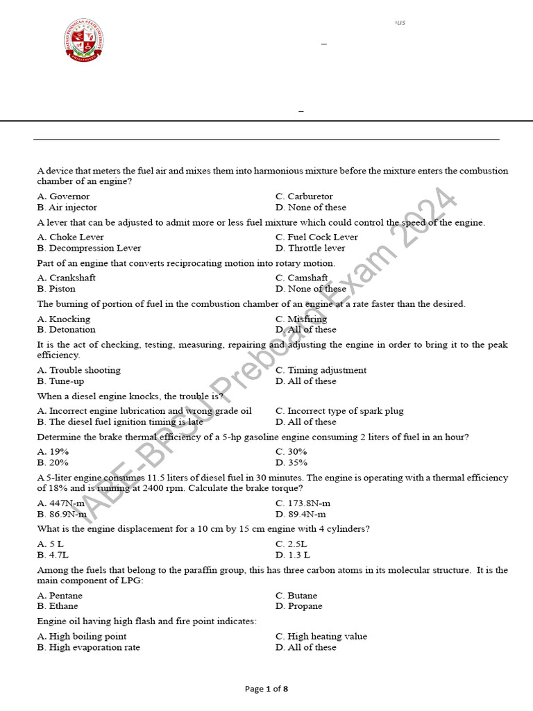 Bpsu Pre-Board 2024 - Area1 (Set 1) | PDF | Engines | Diesel Engine