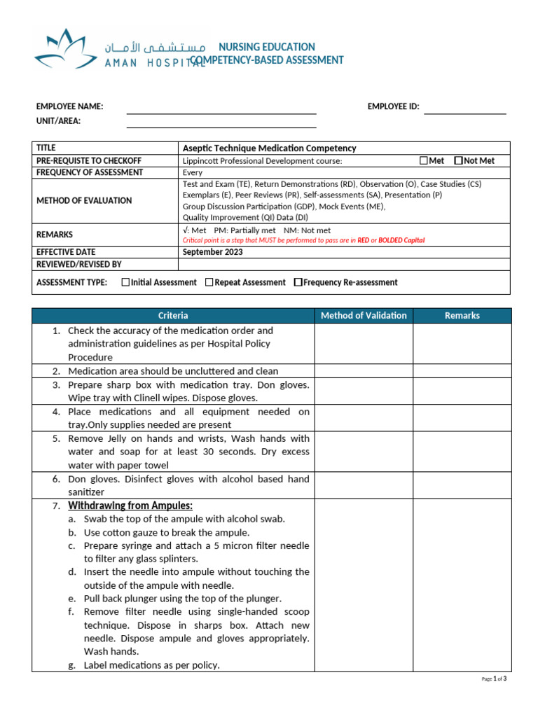 Aseptic Technique Medication Preparation Competency HF | PDF | Syringe ...