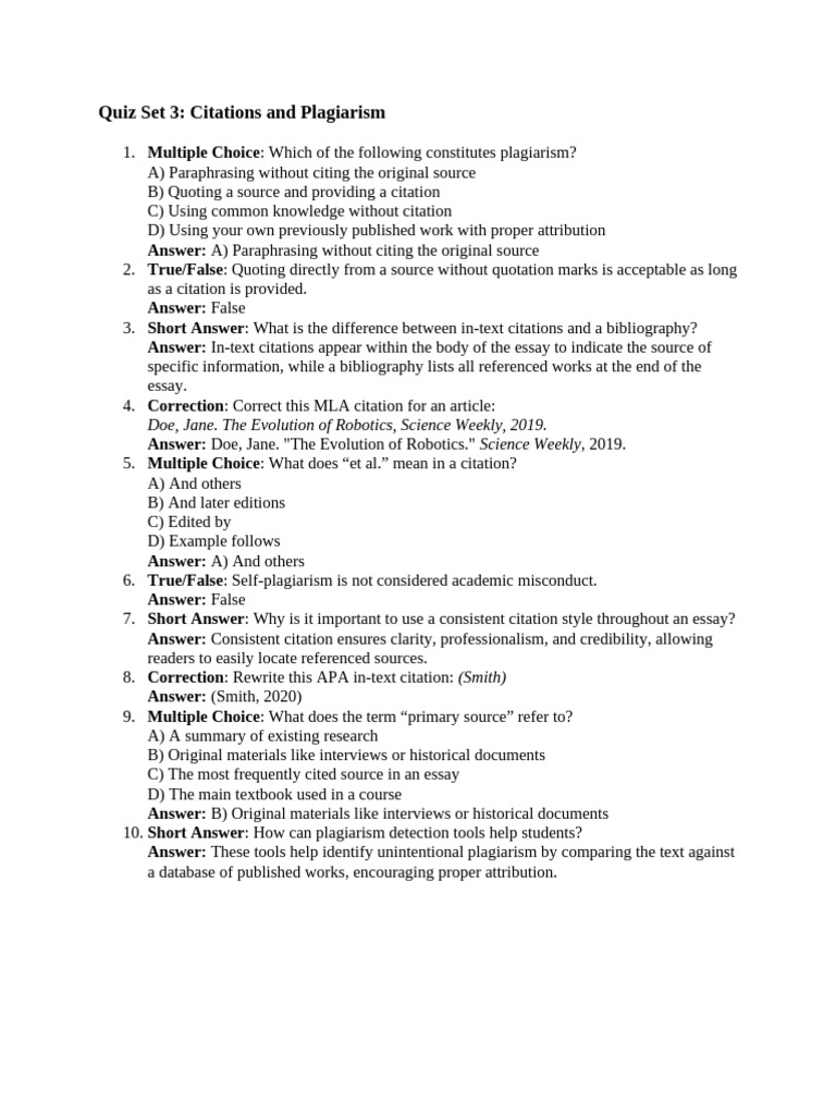Citations and Plagiarism Quiz Guide | PDF