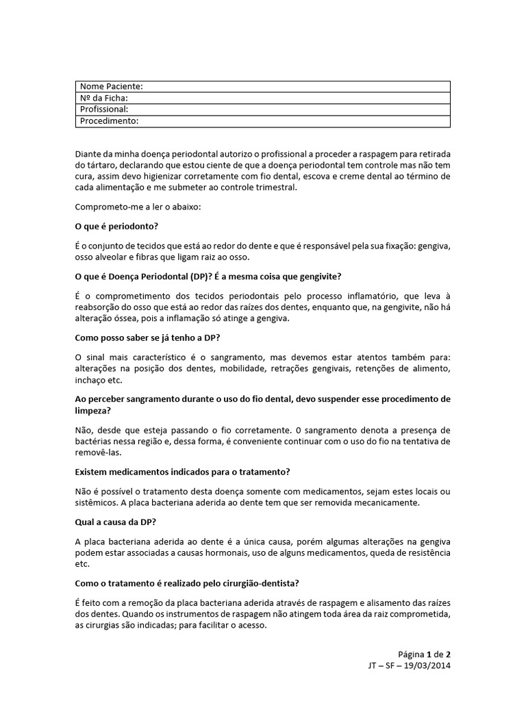 FORM Termo de Consentimento para Raspagem-21 | PDF | Dente humano ...