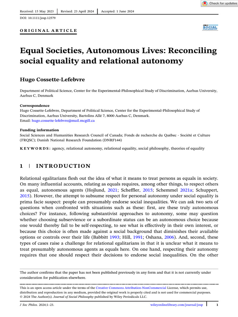 Equal Societies, Autonomous Lives, Reconciling Social Equality and ...