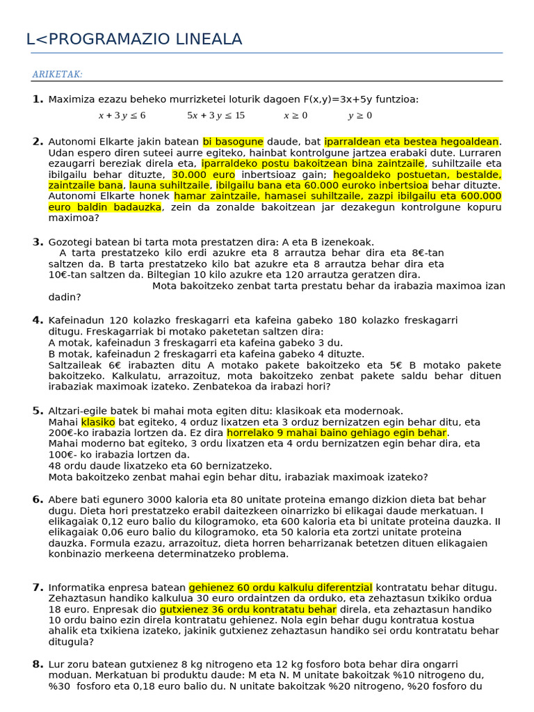 Programazio Lineala Ariketak | PDF