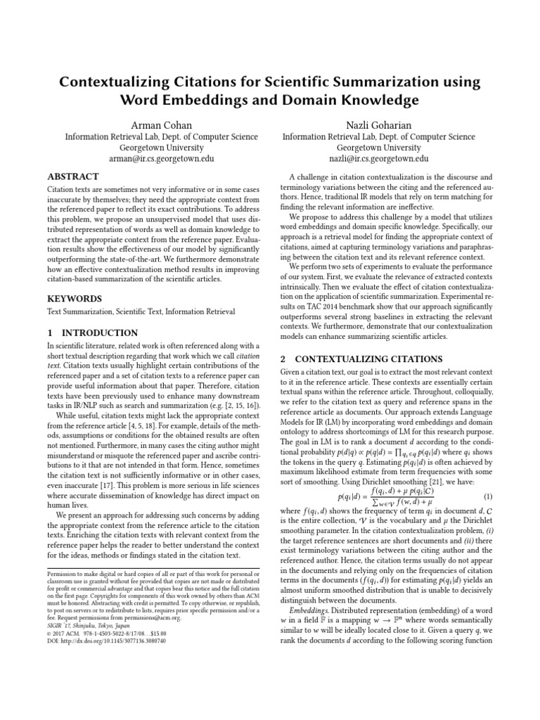 Contextualizing Citations For Scientific Summarization Using Word Embeddings and Domain ...